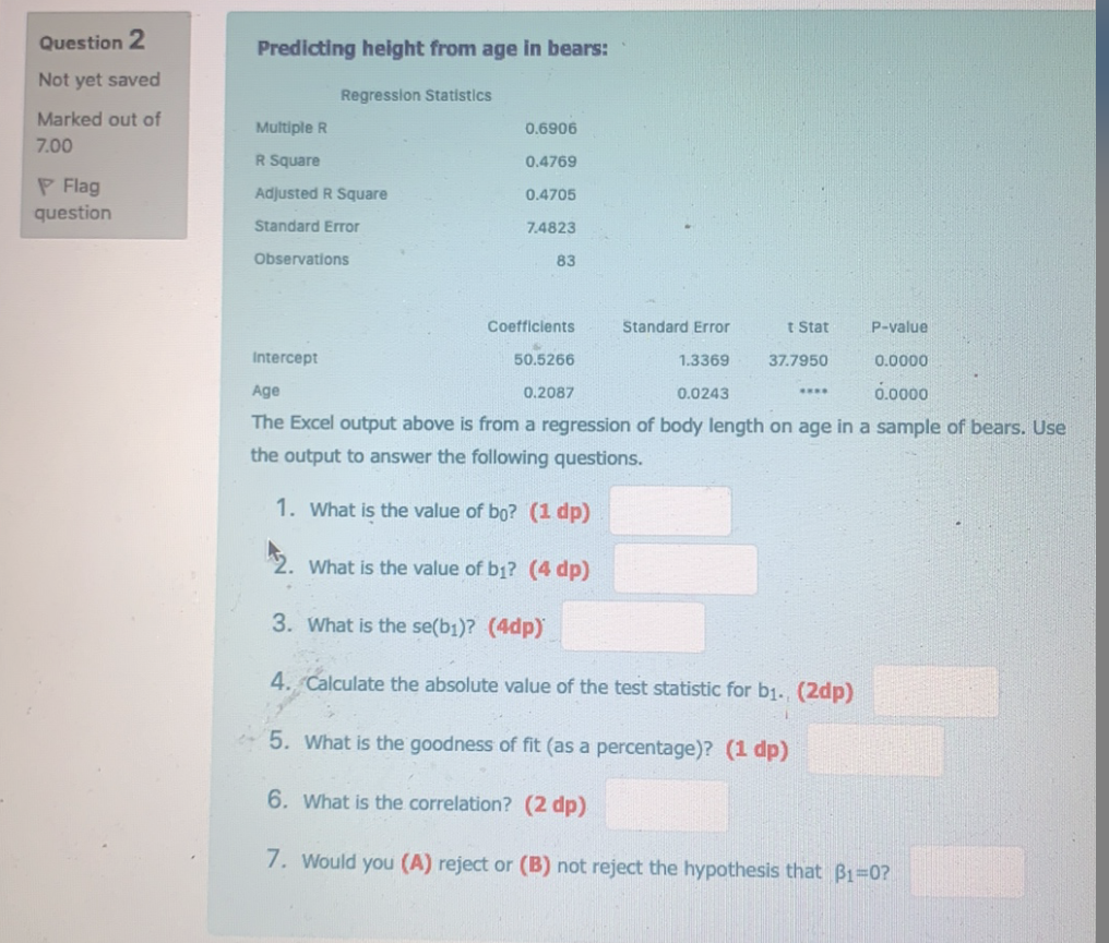 Solved Question 2 Predicting height from age in bears: Not | Chegg.com