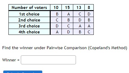 Solved Find the winner under Pairwise Comparison (Copeland's | Chegg.com