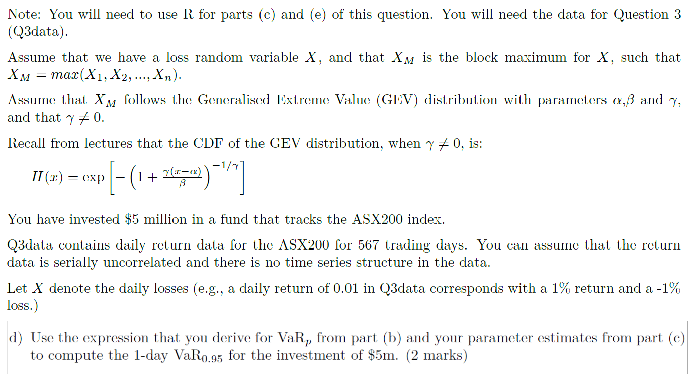 Solved Note: You will need to use R for parts (c) and (e) of | Chegg.com