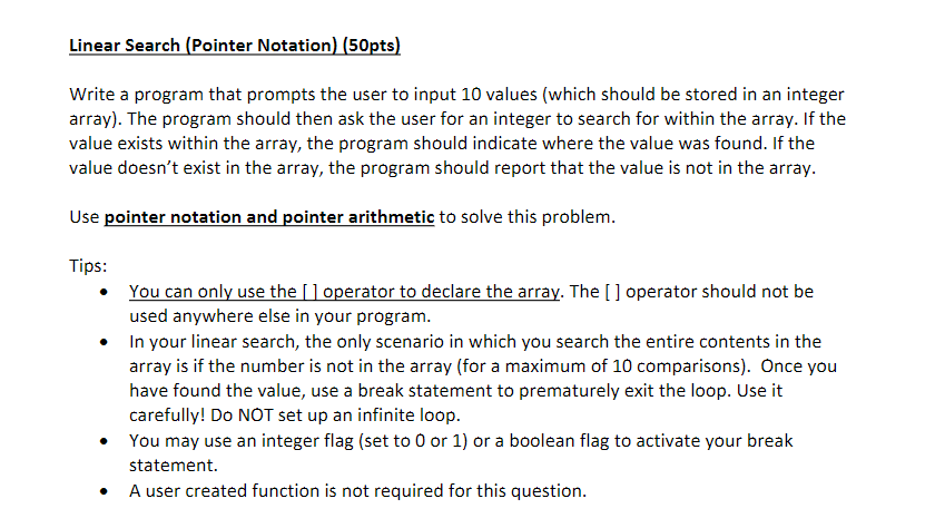 Solved Linear Search (Pointer Notation) (50pts) Write a | Chegg.com