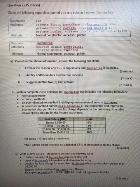Solved Question 2 (25 marks) Given the following superclass | Chegg.com
