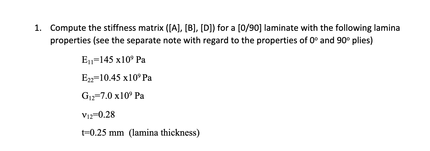 Solved 1. Compute the stiffness matrix ([A],[B],[D]) for a | Chegg.com