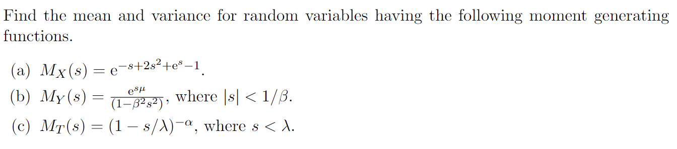 Solved Find the mean and variance for random variables | Chegg.com