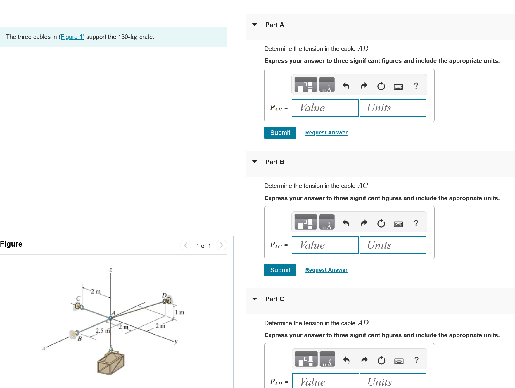 Solved Part AThe three cables in (Figure 1) ﻿support the | Chegg.com