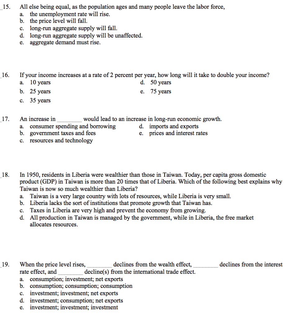 Solved 15. All else being equal, as the population ages and | Chegg.com