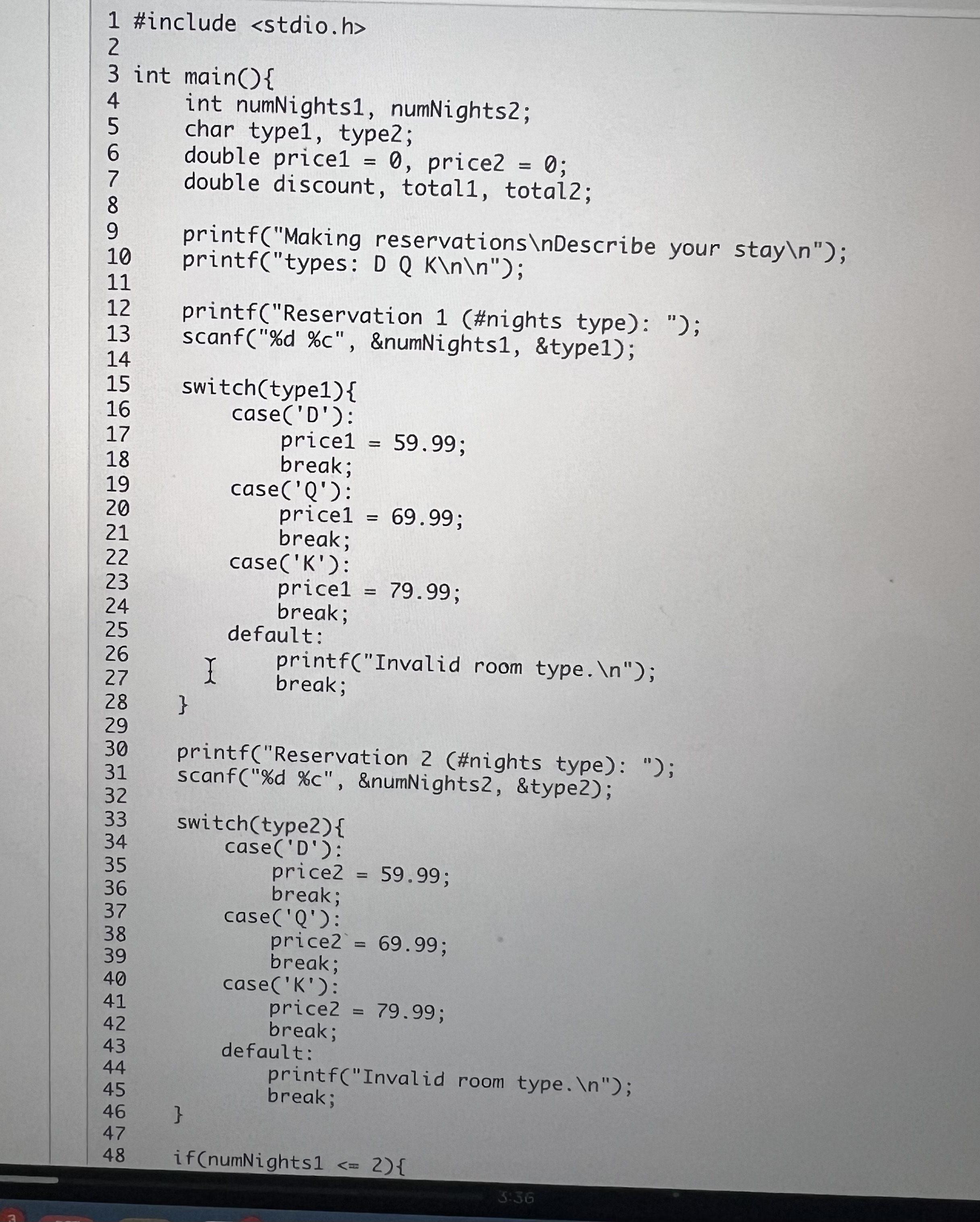 Solved \#include int main() \{ int numNights1, numNights2; | Chegg.com