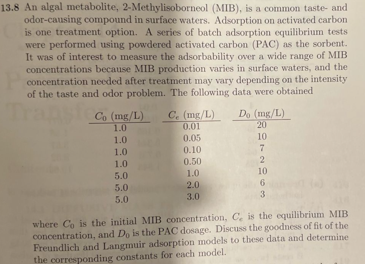 Solved 13.8 An algal metabolite, 2-Methylisoborneol (MIB), | Chegg.com