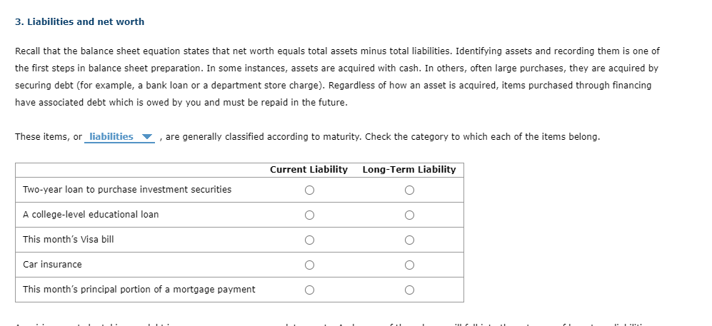 Solved 3. Liabilities and net worth Recall that the balance | Chegg.com