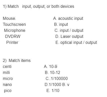 Solved 1) Match input, output, or both devices Mouse. | Chegg.com