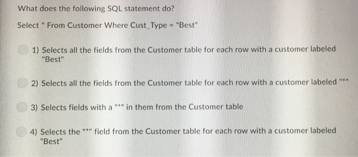 Solved What does the following SQL statement do? Select From | Chegg.com
