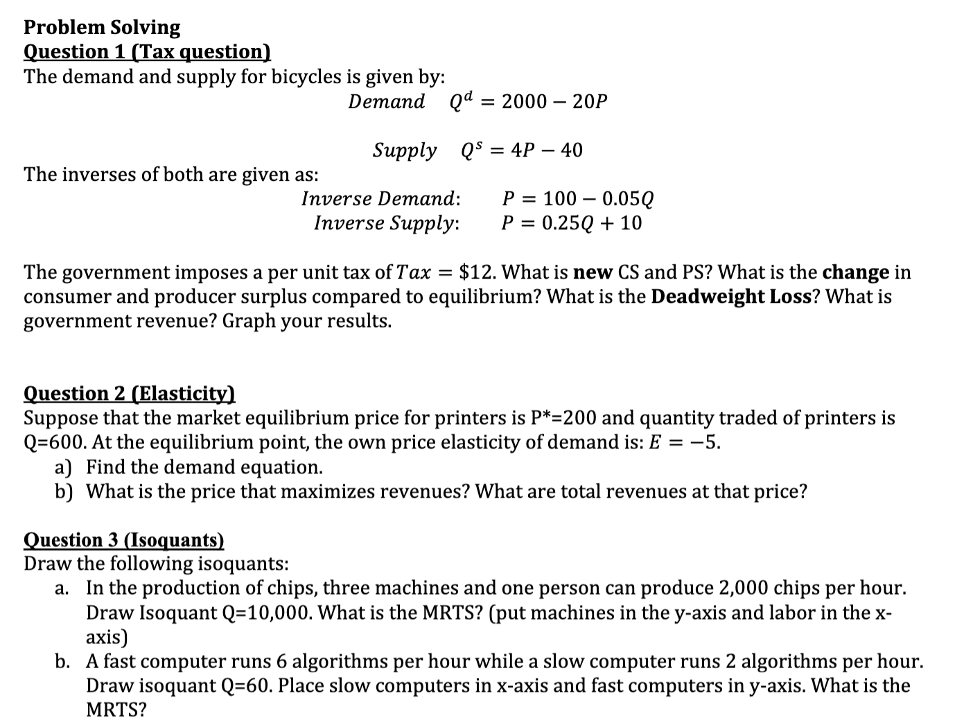 Solved Problem SolvingQuestion 1 (Tax question)The demand | Chegg.com
