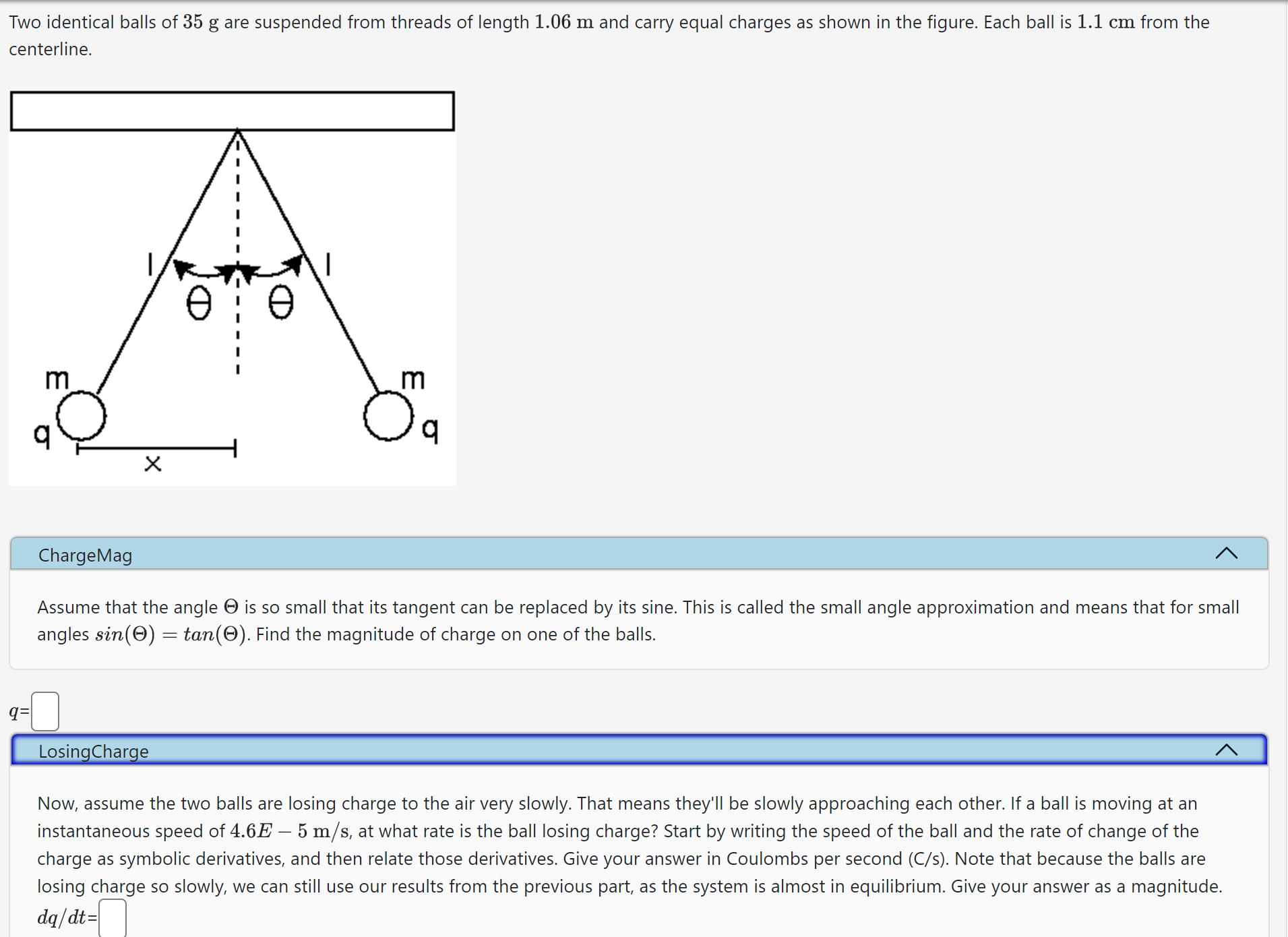 Solved Two identical balls of 35 ﻿g are suspended from | Chegg.com