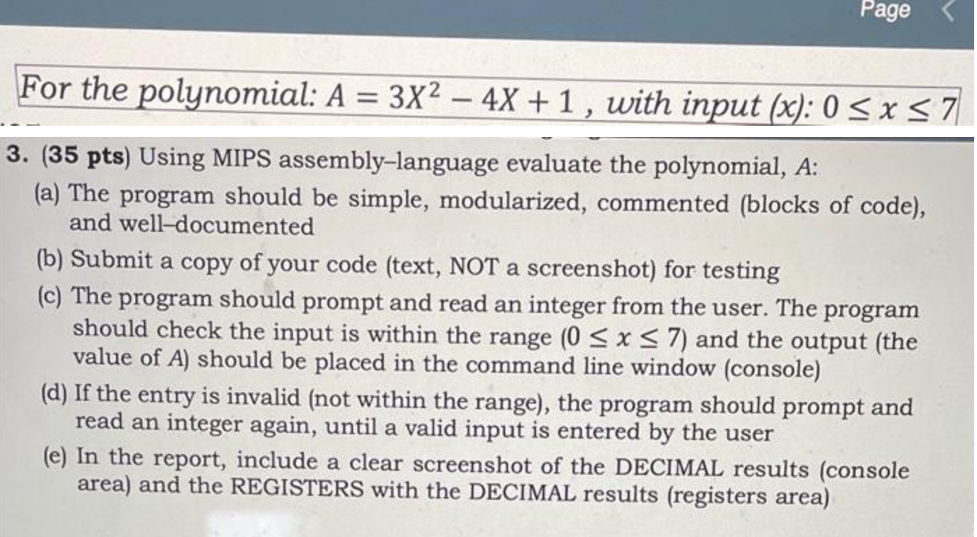 Solved For the polynomial: A=3X2−4X+1, with input (x):0≤x≤ | Chegg.com