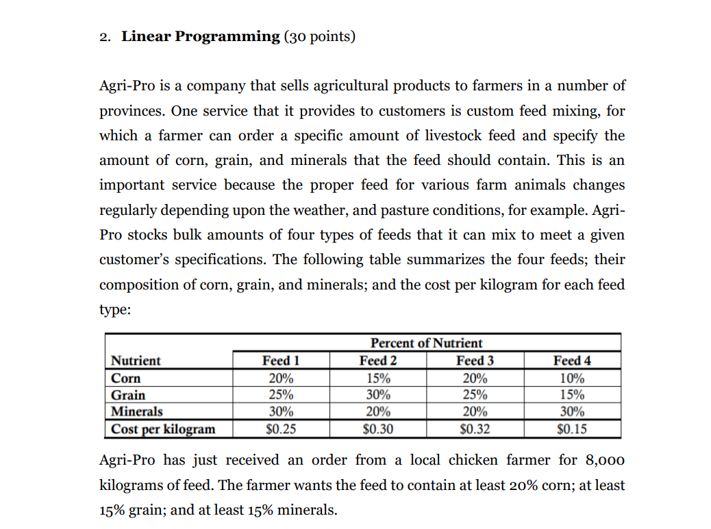 2. Linear Programming (30 points) Agri-Pro is a | Chegg.com