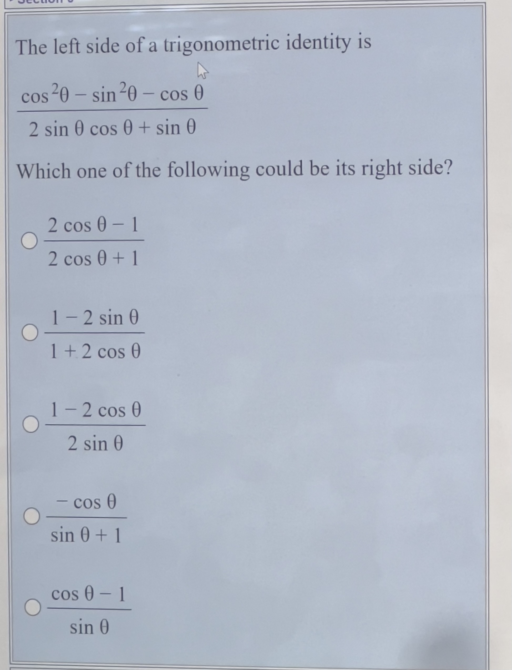 Solved The left side of a trigonometric identity is | Chegg.com