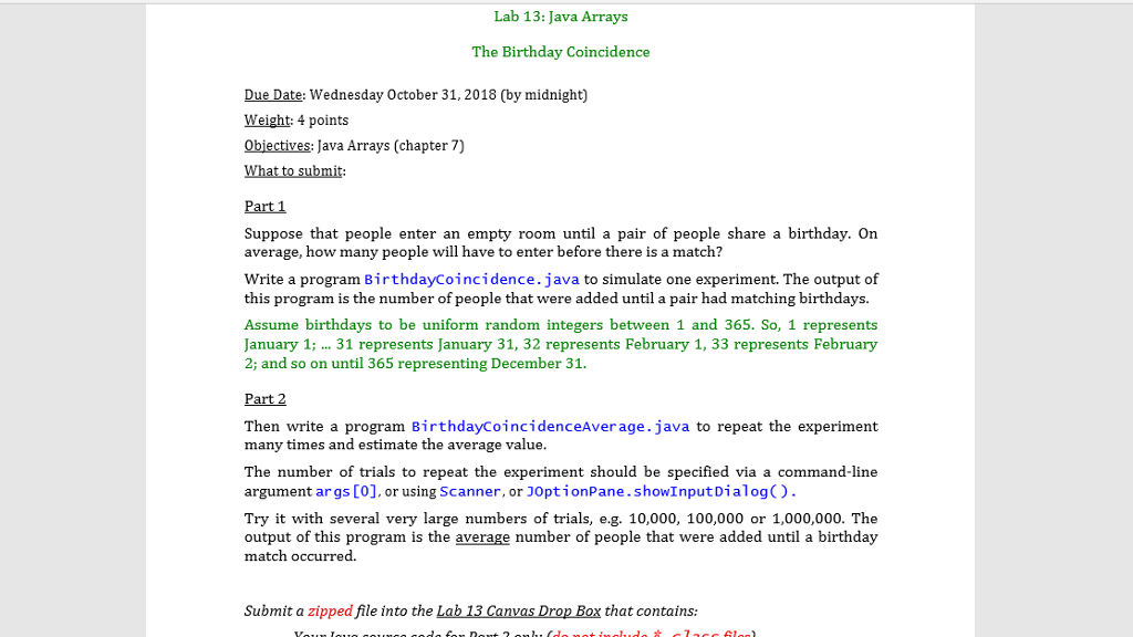 Solved Lab 13 Java Arrays The Birthday Coincidence Due 