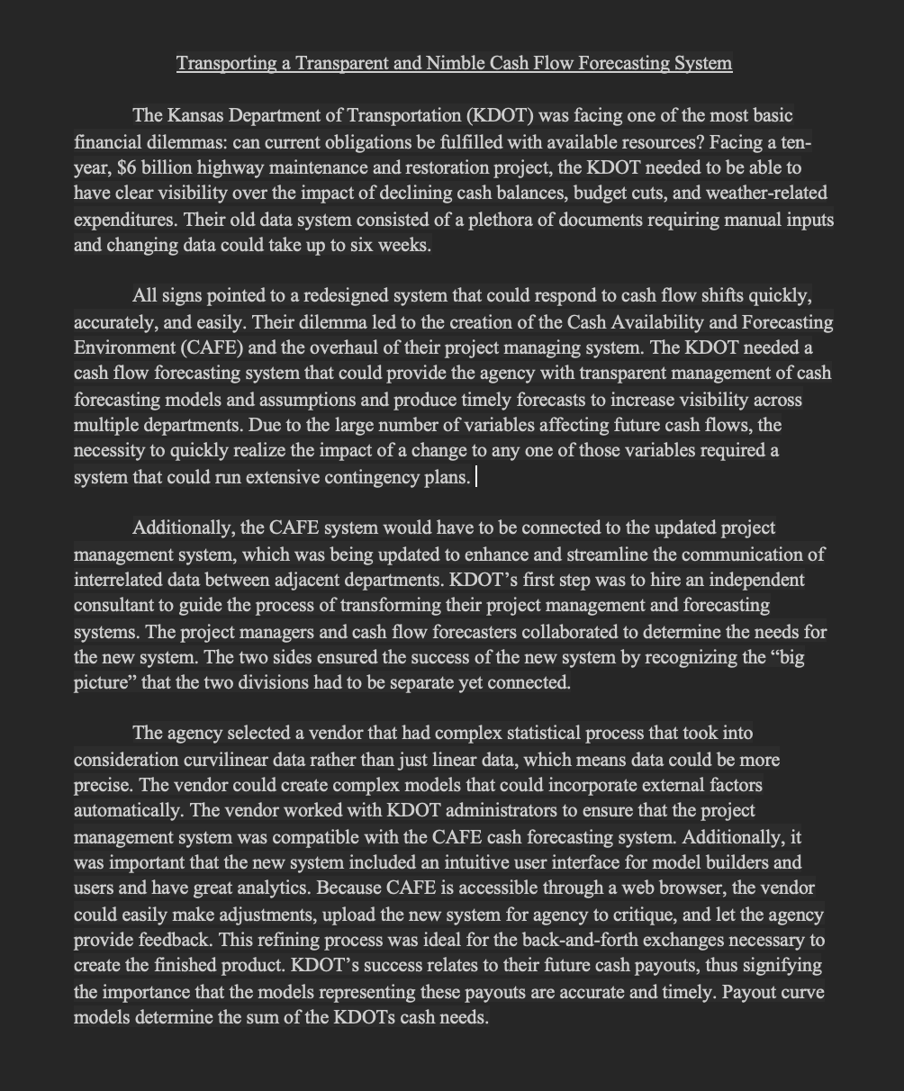 Solved Transporting a Transparent and Nimble Cash Flow | Chegg.com