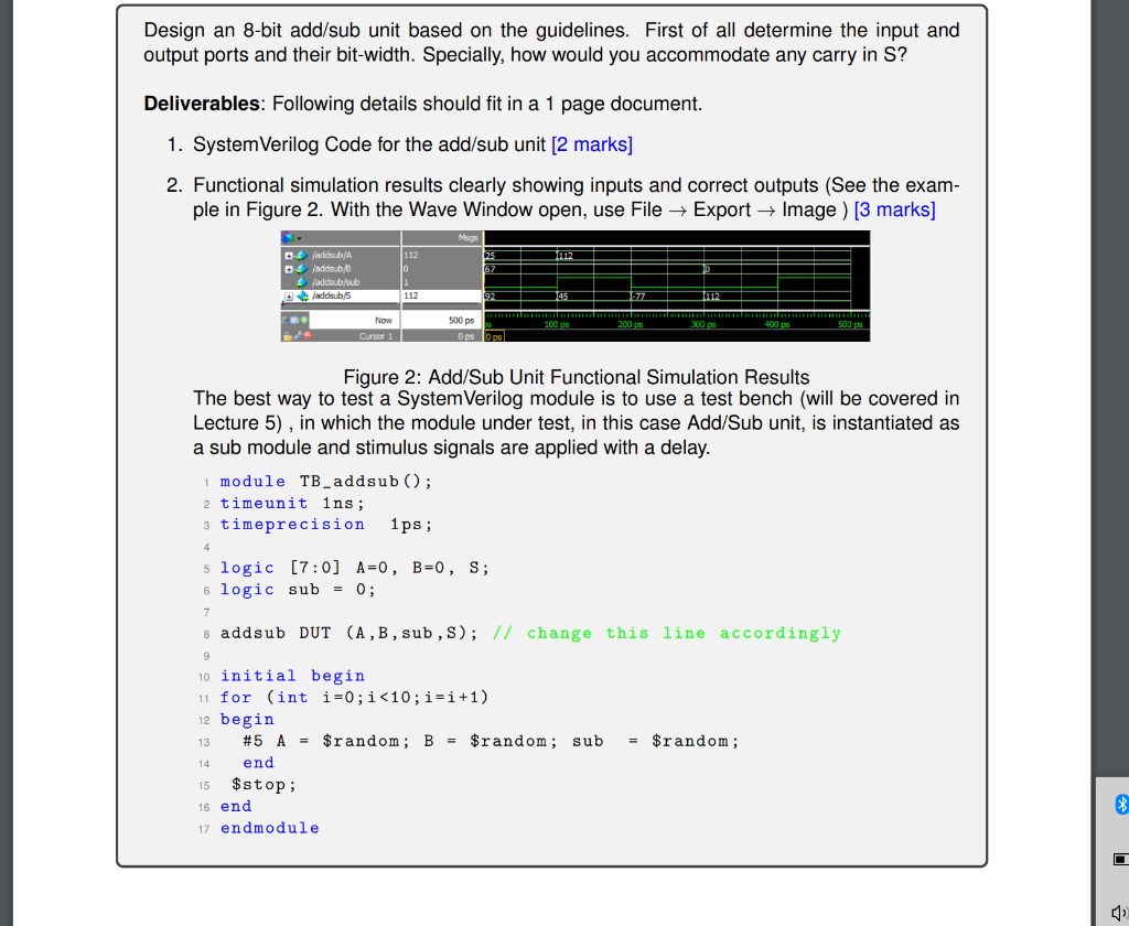 Task 1: Add/Sub Unit Design (Max. 5 Marks) Addition | Chegg.com