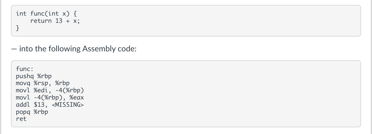 Solved - into the following Assembly code: func: pushq %rbp | Chegg.com