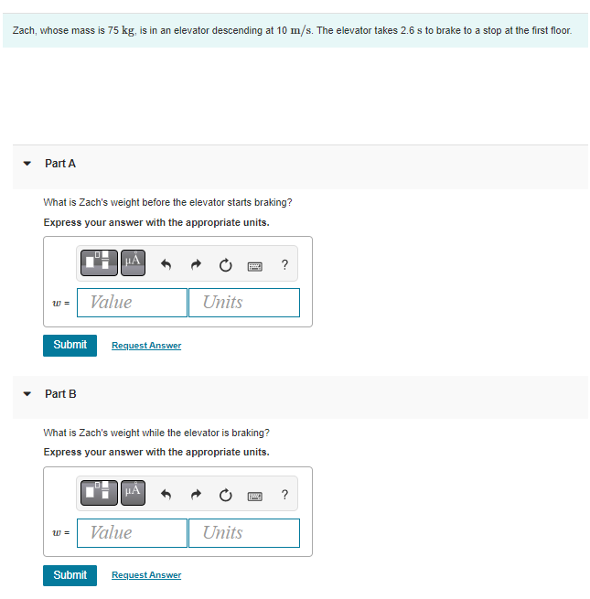 Solved Zach, whose mass is 75 kg, is in an elevator | Chegg.com