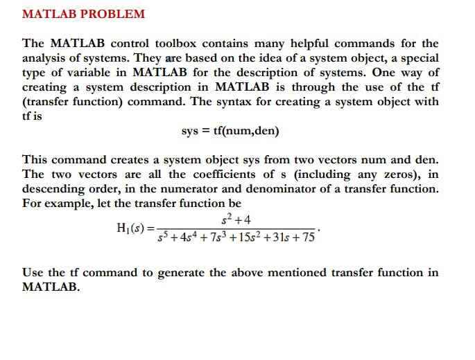 Solved MATLAB PROBLEM The MATLAB control toolbox contains | Chegg.com