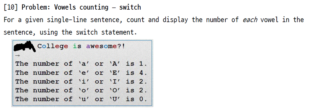 Solved [10] Problem: Vowels counting -switch For a given | Chegg.com