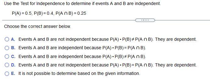 Solved Use the Test for Independence to determine if events | Chegg.com