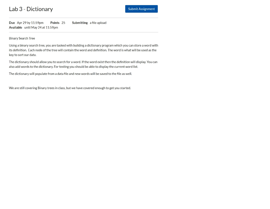Solved Lab 3 - Dictionary Submit Assignment Submitting a | Chegg.com