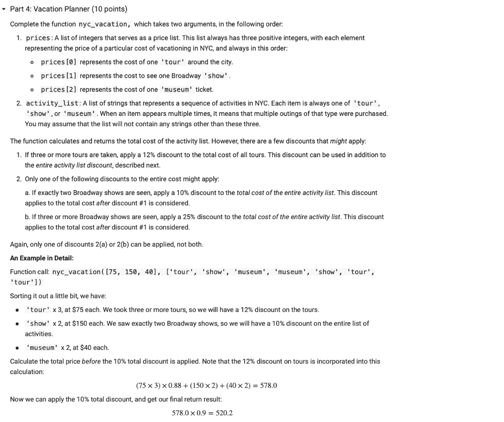 Solved Part 4: Vacation Planner (10 points) Complete the | Chegg.com