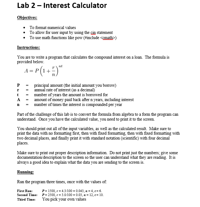 Solved Lab 2 - Interest Calculator Objectives: To format | Chegg.com
