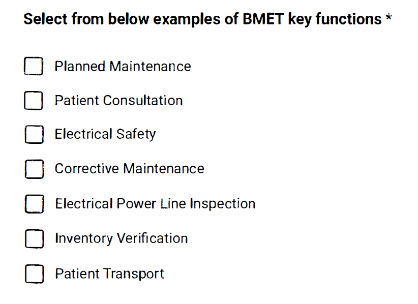 Solved Select from below examples of BMET key functions * | Chegg.com