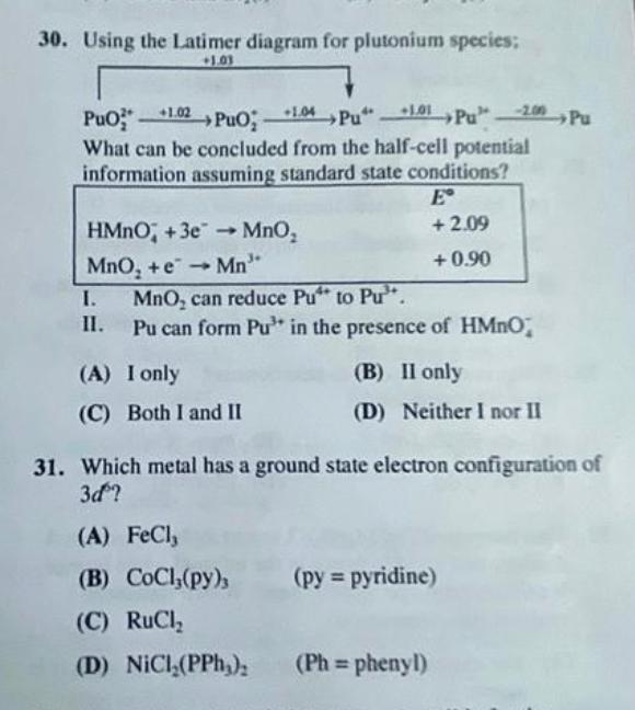 Solved 30. Using the Latimer diagram for plutonium species: | Chegg.com