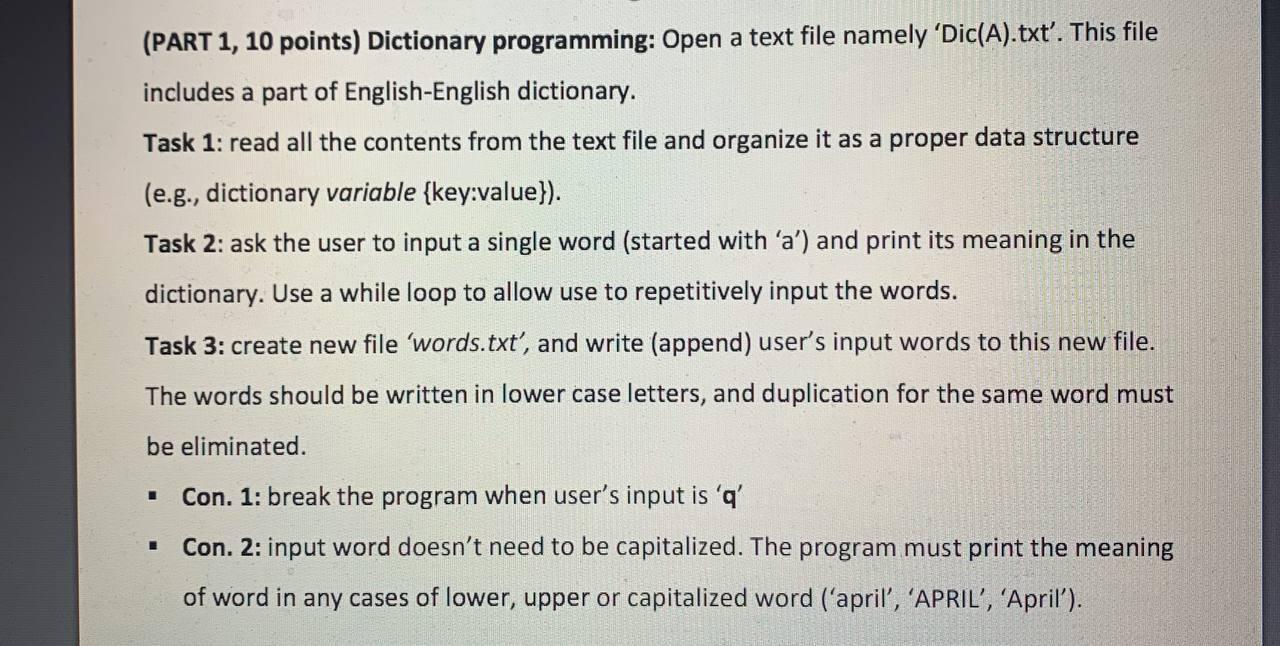 Solved (PART 1, 10 points) Dictionary programming: Open a | Chegg.com