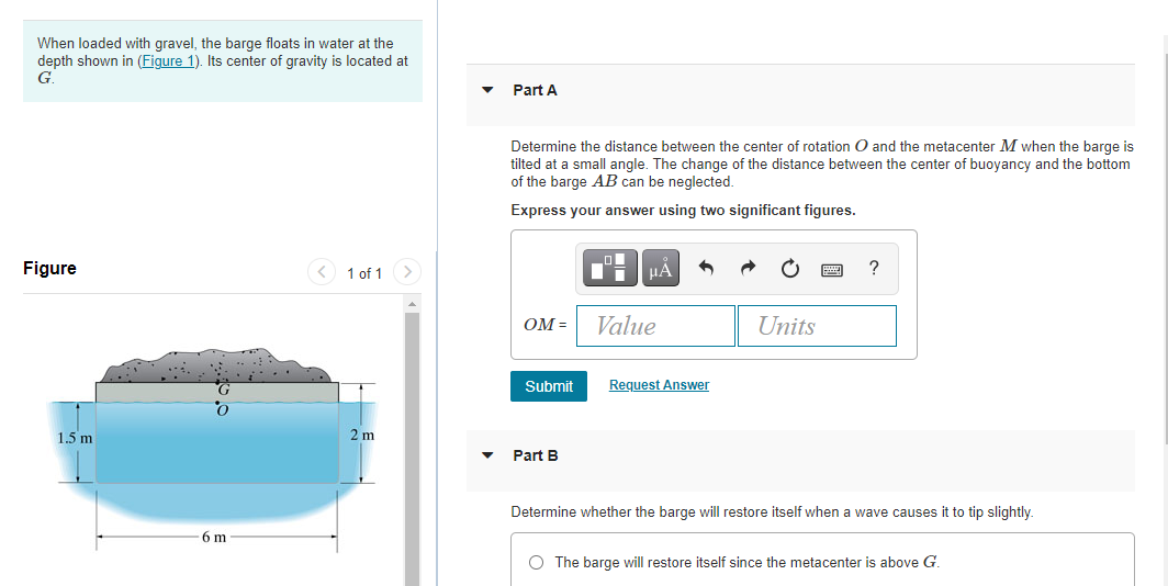 Solved When loaded with gravel, the barge floats in water at | Chegg.com