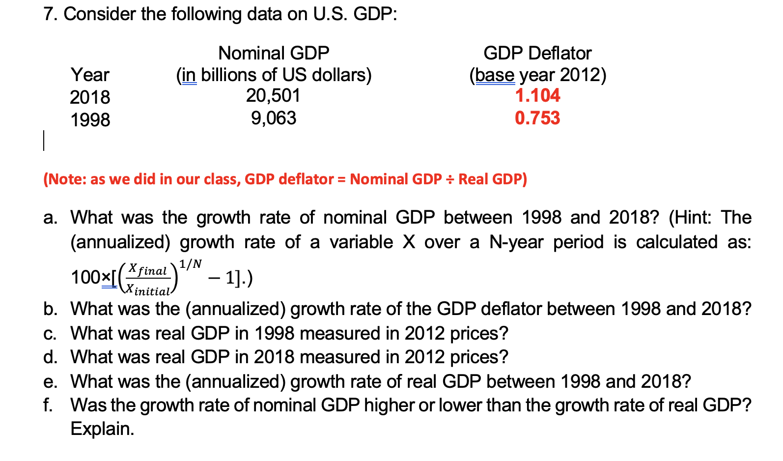 Solved 7. Consider the following data on U.S. GDP: (Note: as | Chegg.com