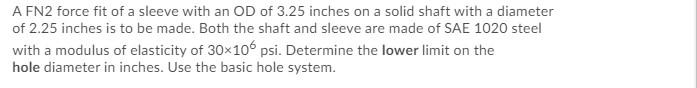 Solved A FN2 force fit of a sleeve with an OD of 3.25 inches | Chegg.com