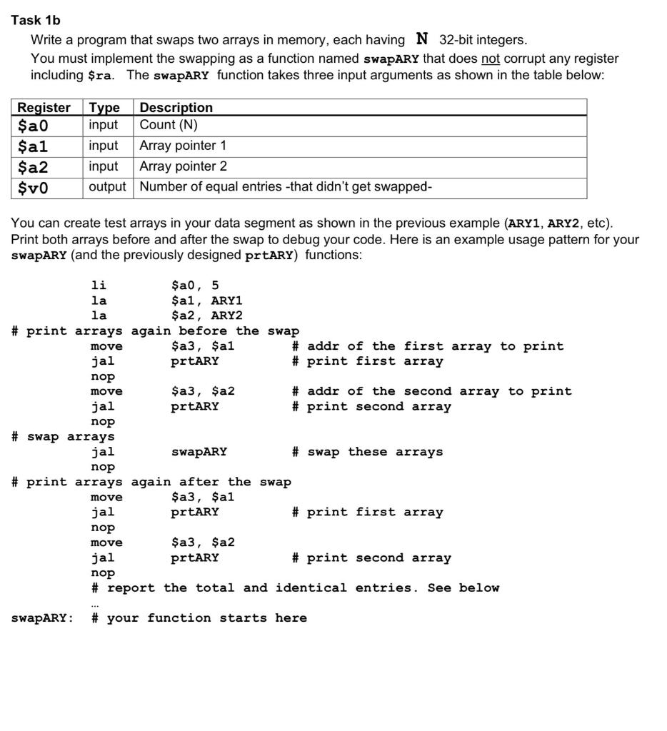 Solved Task 1b Write a program that swaps two arrays in | Chegg.com