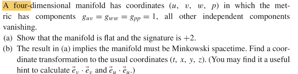 A four-dimensional manifold has coordinates (u, v, w, | Chegg.com