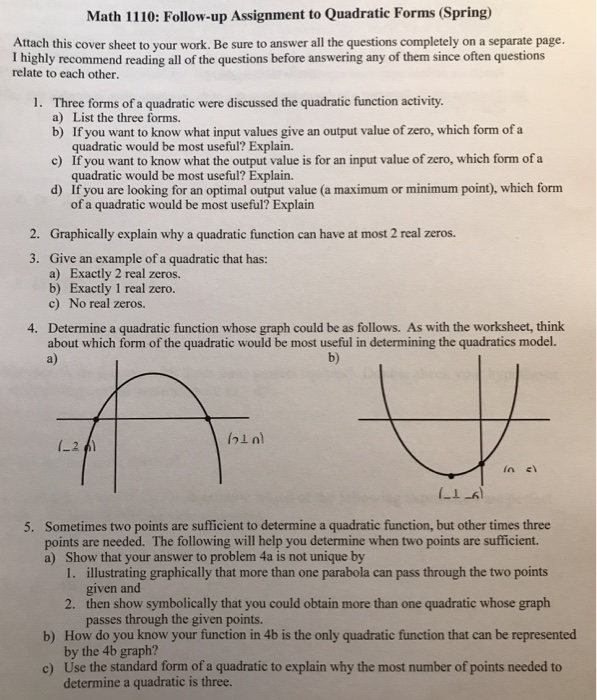 Solved Math 1110 Follow Up Assignment To Quadratic Forms