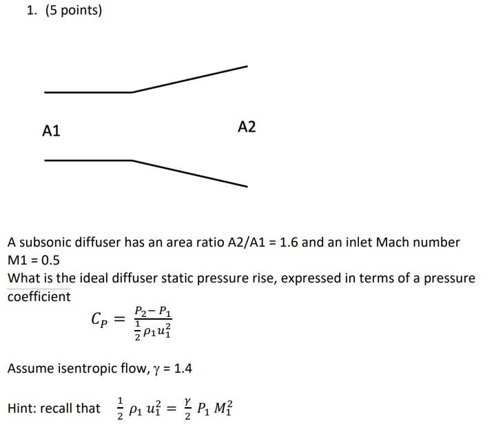 Solved 1. (5 points) A1 A2 A subsonic diffuser has an area | Chegg.com