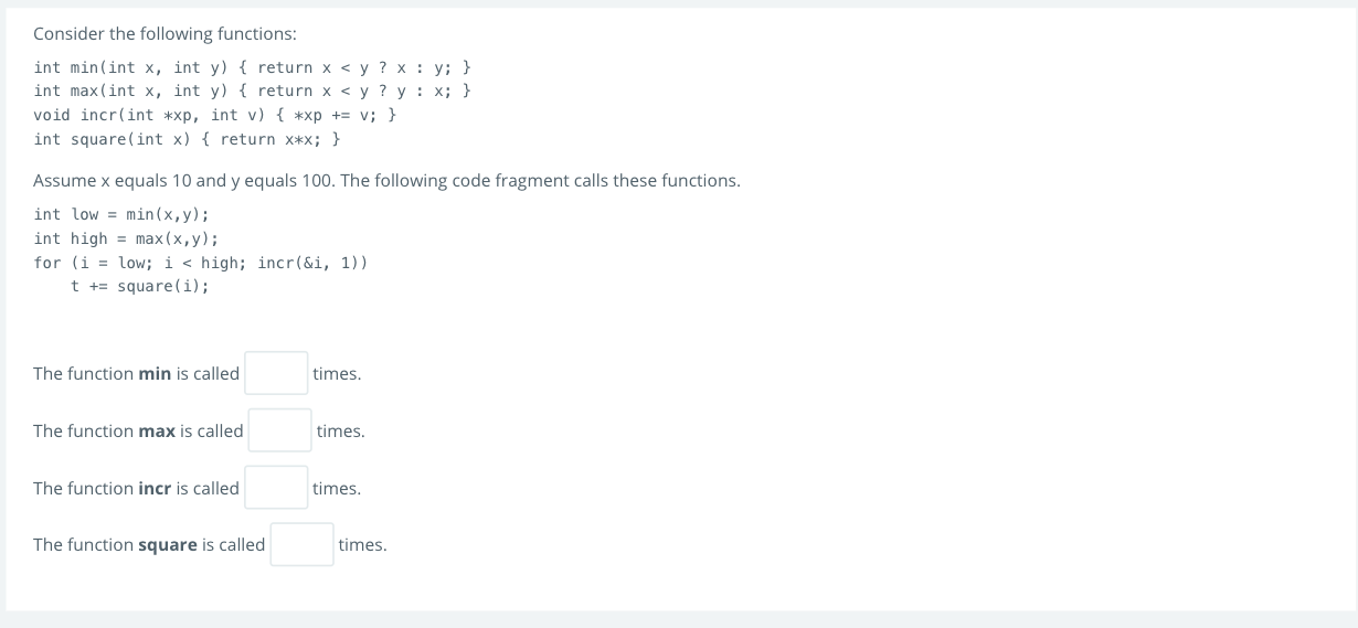 Solved Consider the following functions: int min(int x, int | Chegg.com