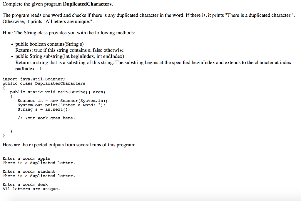 Solved Complete the given program DuplicatedCharacters The | Chegg.com