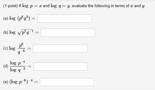 Solved (1 point) If logp=x and logq=y, evaluate the | Chegg.com