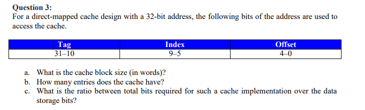 Solved Question 3: For a direct-mapped cache design with a | Chegg.com