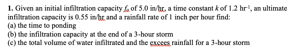 Solved 1. Given an initial infiltration capacity fa of 5.0 | Chegg.com