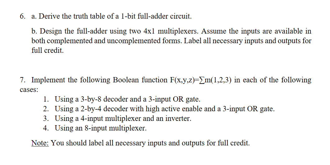 Solved 6. a. Derive the truth table of a 1-bit full-adder | Chegg.com