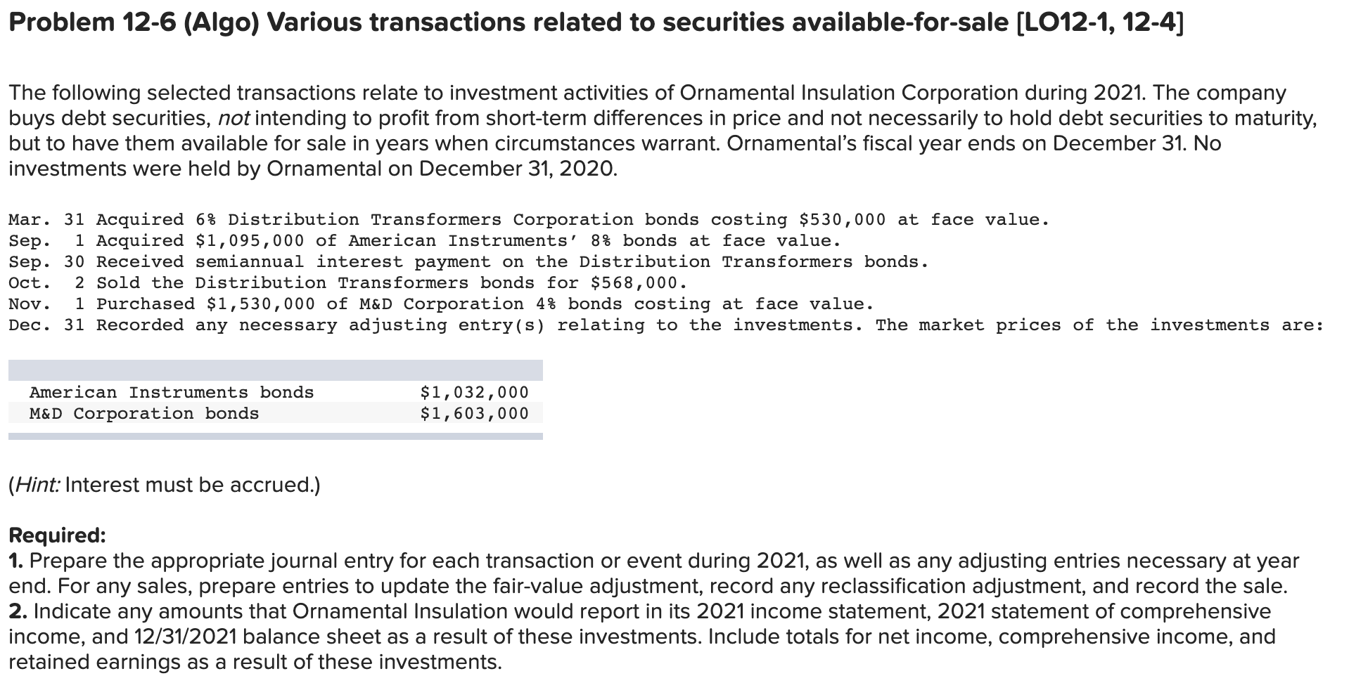 Solved Problem 12-6 (Algo) Various transactions related to | Chegg.com
