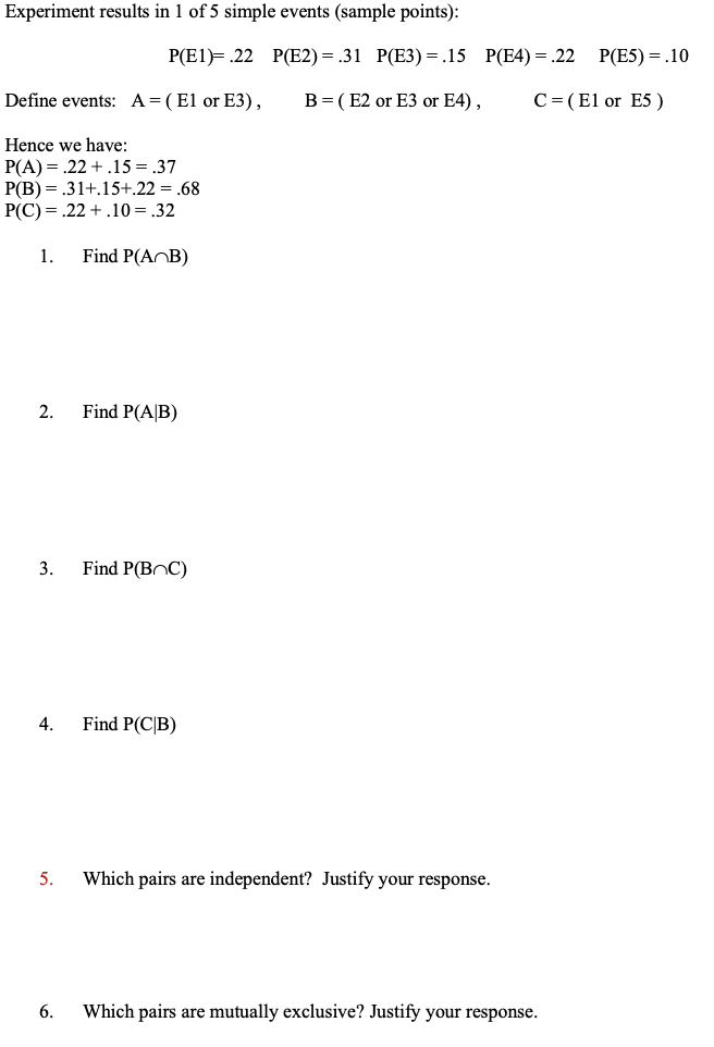 Solved Experiment results in 1 of 5 simple events (sample | Chegg.com