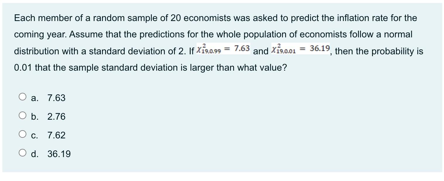 Solved Each member of a random sample of 20 economists was | Chegg.com