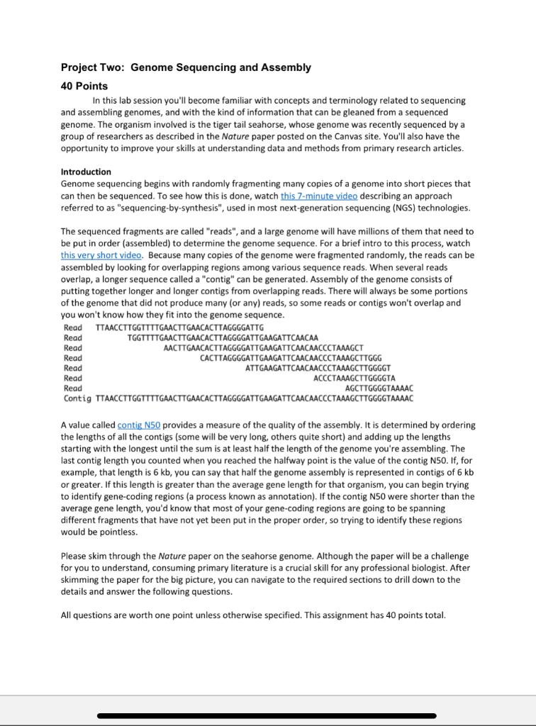 Project Two: Genome Sequencing and Assembly 40 Points | Chegg.com